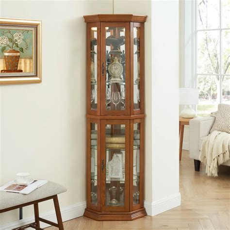 Corner Curio Cabinet Lighted Glass Presentation Shelf Display