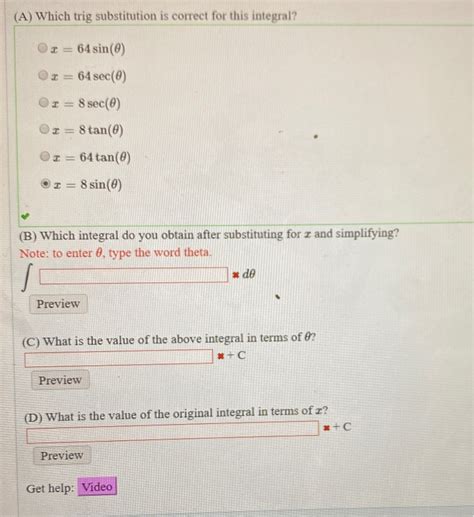 Solved A Which Trig Substitution Is Correct For This
