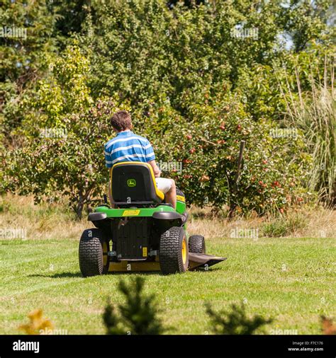 A 15 year old boy mowing the lawn on a John Deere ride on mower in the ...