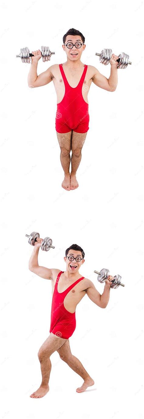 Funny Guy With Dumbbels On White Stock Image Image Of Exercising