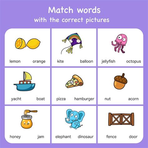 단어와 그림을 일치시키세요 유치원을 위한 교육용 워크시트 프리미엄 벡터