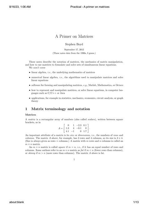 Solution Practical A Primer On Matrices Matrix Notation And Linear Equations A Primer By