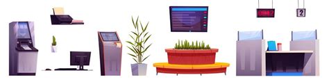 색 바탕에 고립된 은행 사무실 인테리어 디자인 요소 ⁇ 터 만화 그림 Atm의 돈 인출 전자 대기열 장비 관리자 책상 컴퓨터 소파 꽃병 무료 벡터