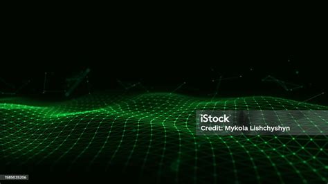 미래지향적인 디지털 웨이브 어두운 사이버 공간 점과 선이 있는 추상파 백그라운드에서 흰색 움직이는 파티클 3d 렌더링 가리키기에 대한 스톡 사진 및 기타 이미지 Istock