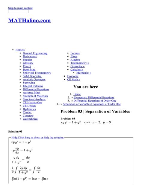 Problem 03 Separation Of Variables Elementary Differential