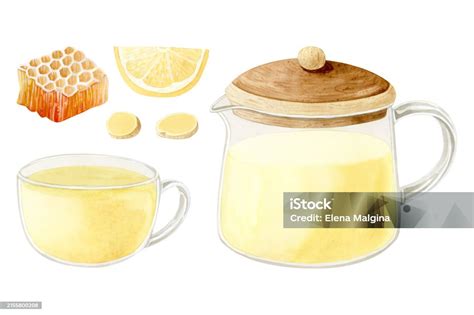 생강 허브 차 레몬 조각과 벌집 수채화 그림 세트 흰색 절연 꿀과 감귤류 향이 나는 뜨거운 매운 음료는 유기농 건강 음료를위한