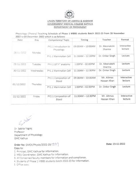 physiology theory and practical time table of mbbs batch 2022 23 pdf