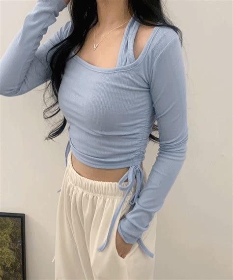착시레이어드셔링 일체형 레이어드 유넥 홀터 셔링 스트링 긴팔 크롭 티셔츠 4color 에이블리