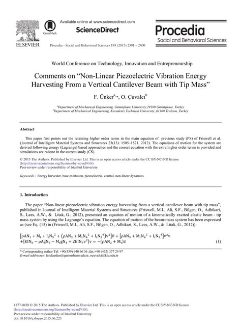 Pdf Comments On Non Linear Piezoelectric Vibration Energy Harvesting From A Vertical