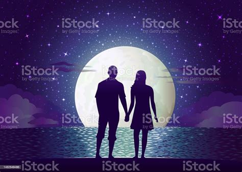휴일 발렌타인 데이 2 월 14 일 사랑에 빠진 커플 남자와 여자는 별과 달이있는 밤하늘을 배경으로 하이라이트와 함께 해변에 밤에 서 있습니다 커플에 대한 스톡 벡터 아트