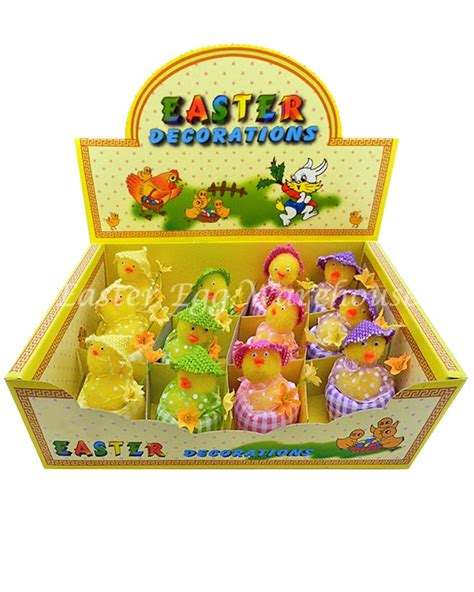 Easter Decorations Chicks With Hat In Basket 12pk Z