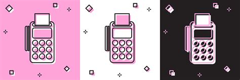 삽입 된 신용 카드와 분홍색과 흰색 검은 색 배경에 격리 된 인쇄 된 Reciept 아이콘으로 Pos 터미널을 설정합니다 Nfc 지불 개념입니다 벡터 일러스트레이션 영수증에