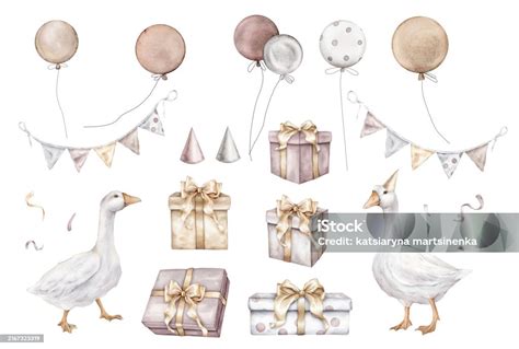 골드 활과 거위와 풍선 생일 파스텔 황금 선물 상자의 수채화 세트 카니발 매달려 와 와 Banner 고립 된 배경에 손으로 그리는 그림입니다 휴일 디자인을 위해 갈란드