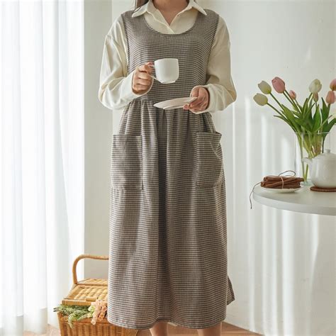 하운드 체크 앞치마 원피스 반기모 롱 에어프런 해방타운 카페 플로리스트 네일샵 3색상 쥬앤크홈