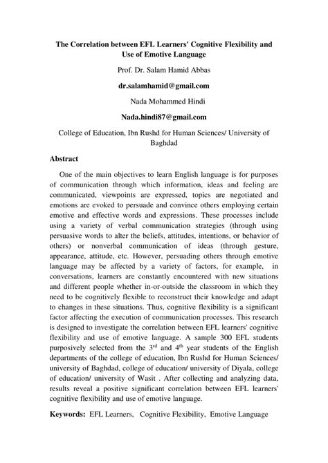 Pdf The Correlation Between Efl Learners Cognitive Flexibility And Use Of Emotive Language