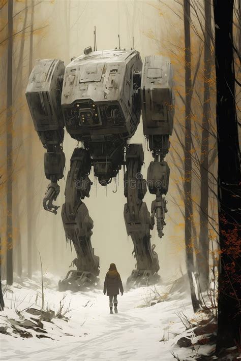 Exploring A Winter Wonderland A Tale Of Man Giant Robots And Stock Illustration