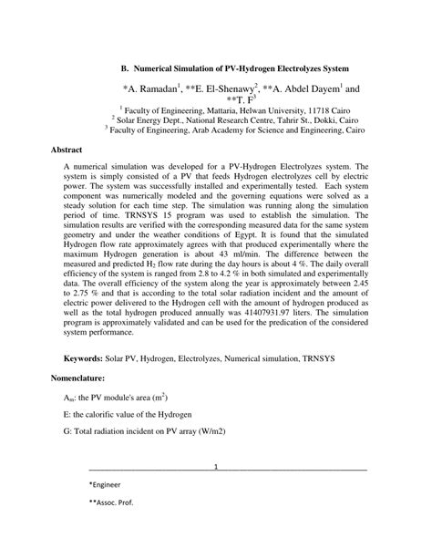 Pdf Numerical Simulation Of Pv Hydrogen Electrolyzers System