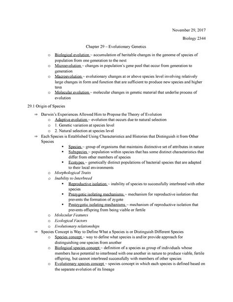 Chapter 29 Evolutionary Genetics November 29 2017 Biology 2344 Chapter 29 Evolutionary