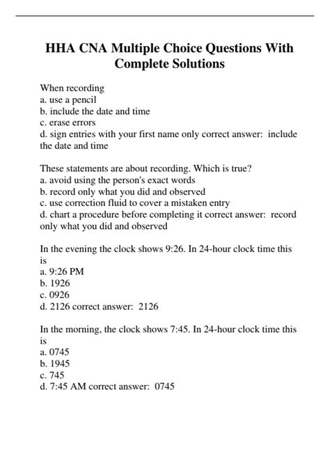 Hha Cna Multiple Choice Questions With Complete Solutions Hha Stuvia Uk