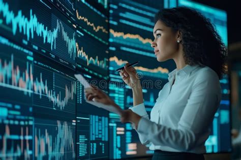 Professional Woman Analyzing Data On Multiple Screens In A Modern