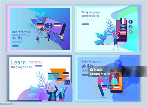 온라인 언어 코스 원격 교육 교육에 대한 방문 페이지 템플릿 세트 언어 학습 인터페이스 및 교육 개념 Html에 대한 스톡 벡터