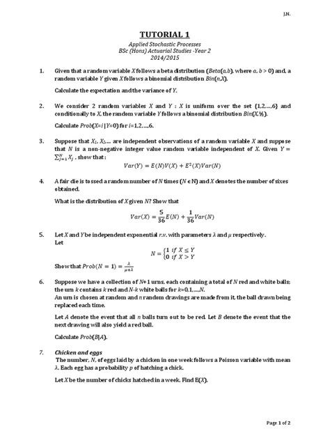 Tutorial Sheet 1 Applied Stochastic Processes Download Free Pdf