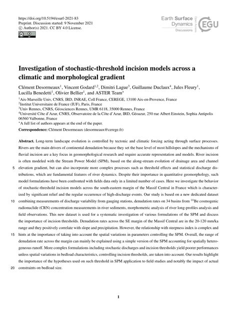Pdf Investigation Of Stochastic Threshold Incision Models Across A Climatic And Morphological