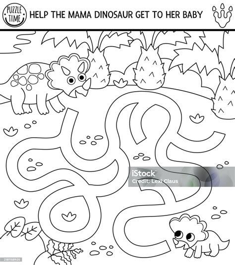 흑인과 백인 공룡 미로 고대 세계 풍경을 가진 아이들 정사각형 선사 시대 선 인쇄 가능한 활동 공룡 땅 미로 게임 퍼즐 색칠 공부 페이지 트리케라톱스가 아기에게 갈 수