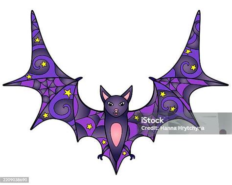 박쥐 벡터 선형 색상 그림 날아 다니는 여우와 함께 할로윈 그림 여러 가지 빛깔의 스테인드 글라스 창문 또는 바틱 10월에 대한 스톡 벡터 아트 및 기타 이미지 Istock