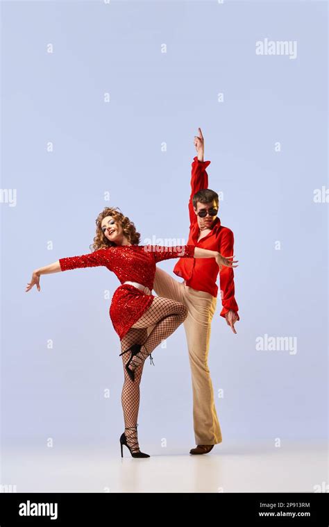 Disco Ballroom Dances Expressive Couple Of Dancers In Bright Retro