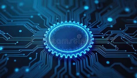 Futuristic Glowing Blue Gear Symbol Sits On Complex Circuit Board Tech Innovation Concept Api