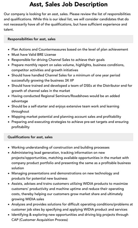 Asst Sales Job Description Velvet Jobs