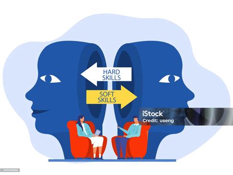 여자와 남자 회사원 공감 의사 소통 하드 Vs 소프트 스킬 큰 머리 인간의 아이디어 개발 다중 지능 벡터 일러스트레이션 개발에