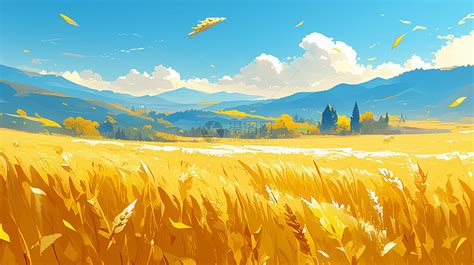 白云下一大片金黄色的卡通麦田插画图片下载 正版图片402588953 摄图网
