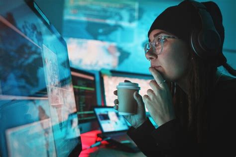Premium Photo Woman Hacker And Computer With Thinking Night And Coffee For Analysis Cyber