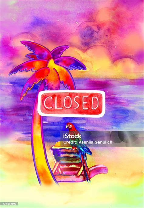 리조트에서 격리의 개념 바닷가의 휴식은 폐쇄됩니다 해변에서 일몰입니다 팜 데크 의자 바다 앵무새 격리 수채화 일러스트 0명에 대한 스톡 벡터 아트 및 기타 이미지 Istock