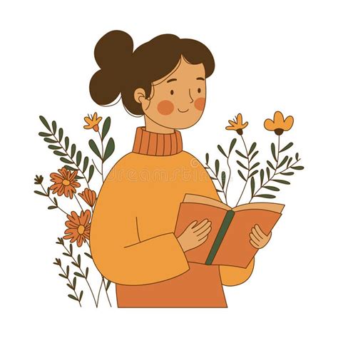 Innocent Nerd Girl Character Reading A Book With Flower Floral Decoration Stock Illustration