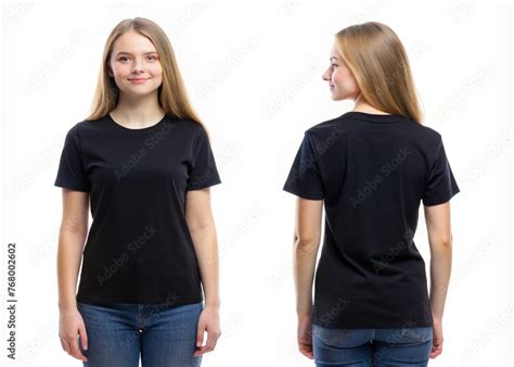 Young Female In Blank Black T Shirt Front And Back View Isolated