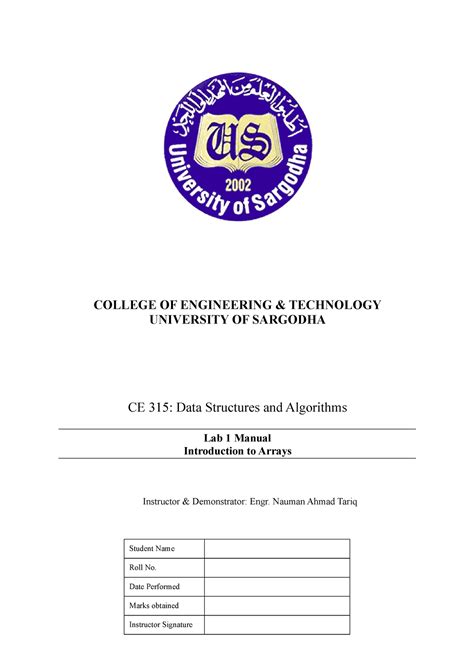 Lab Manual Lab Manuak COLLEGE OF ENGINEERING TECHNOLOGY UNIVERSITY OF SARGODHA CE