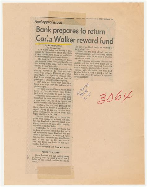 [clipping Bank Prepares To Return Carla Walker Reward Fund] Part 1