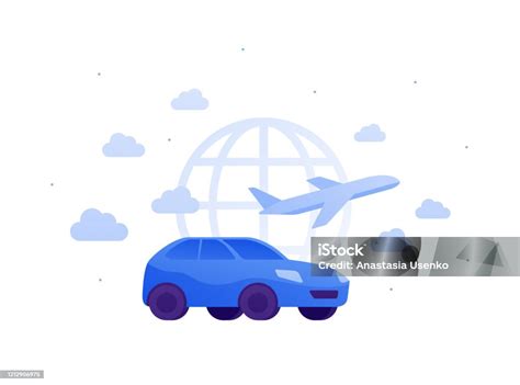 택시 공항 서비스 개념입니다 벡터 플랫 사람 그림입니다 구름과 하늘 풍경 배경에 파란색 택시 자동차 비행기와 행성 기호 배너 포스터 Ui 웹에 대한 디자인 요소 차에 대한