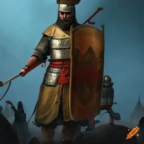 Mamluk Sultan In Warrior Armor With Sword On Battlefield With Mongol
