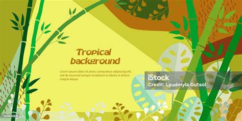 대나무 몬스터 정글 단풍의 줄기와 열대 배경 따뜻한 노란색 갈색 색상의 벡터 일러스트 표지 광고 웹 디자인 포스터용 템플릿