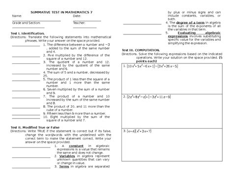 Summative Test In Math 7 Intro To Algebra And Operations On Expressions Summative Test In