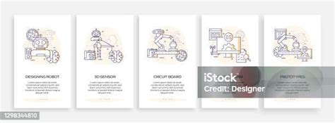 로봇 공학 개념 평면 아이콘과 모바일 앱 페이지 화면에 온보딩 Ux Ui 디자인 템플릿 벡터 일러스트레이션 로봇에 대한 스톡 벡터 아트 및 기타 이미지 Istock