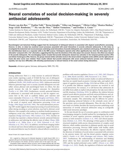 Pdf Neural Correlates Of Social Decision Making In Severely Antisocial Adolescents