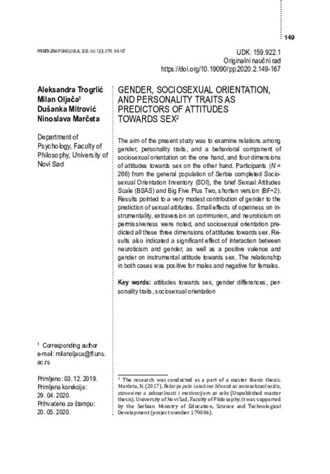 Pdf Gender Sociosexual Orientation And Personality Traits As