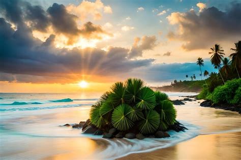 Premium Photo A Tropical Beach With Palm Trees And A Sunset
