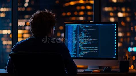 Young Male Programmer In Glasses Works Late At Night Focused On Coding