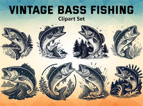 Vintage Bass Fishing Clipart Set Graphic By Rimonstore · Creative Fabrica